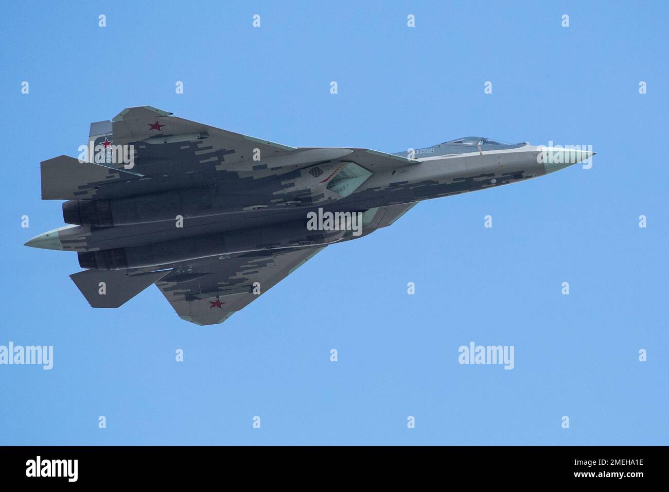 Russian Air Force Sukhoi Su-57 fifth-generation fighter jet flies over ...