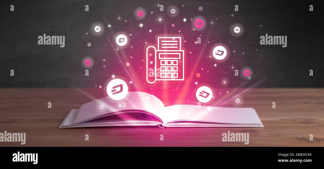 Open book with currency icons above Stock Photo - Alamy