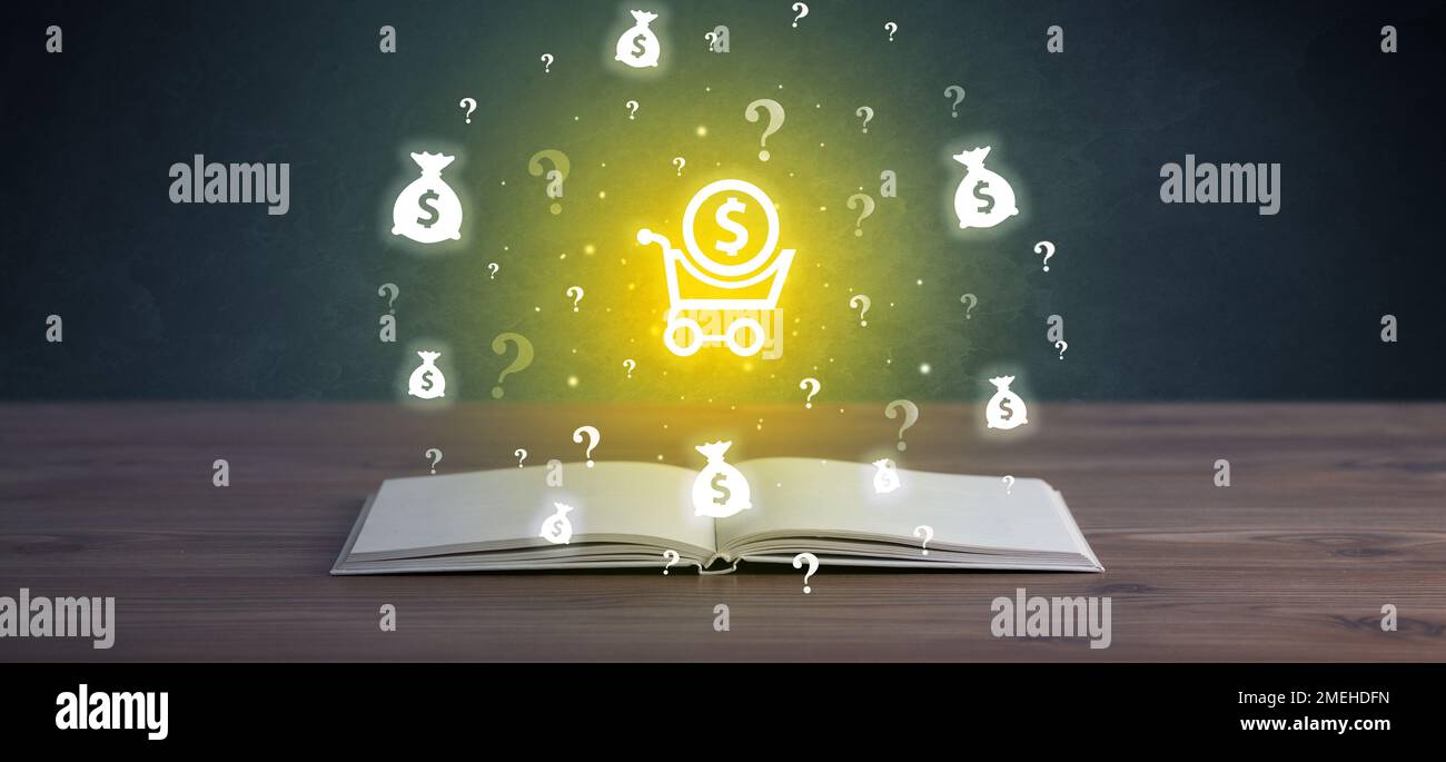 Open book with business icons above Stock Photo - Alamy