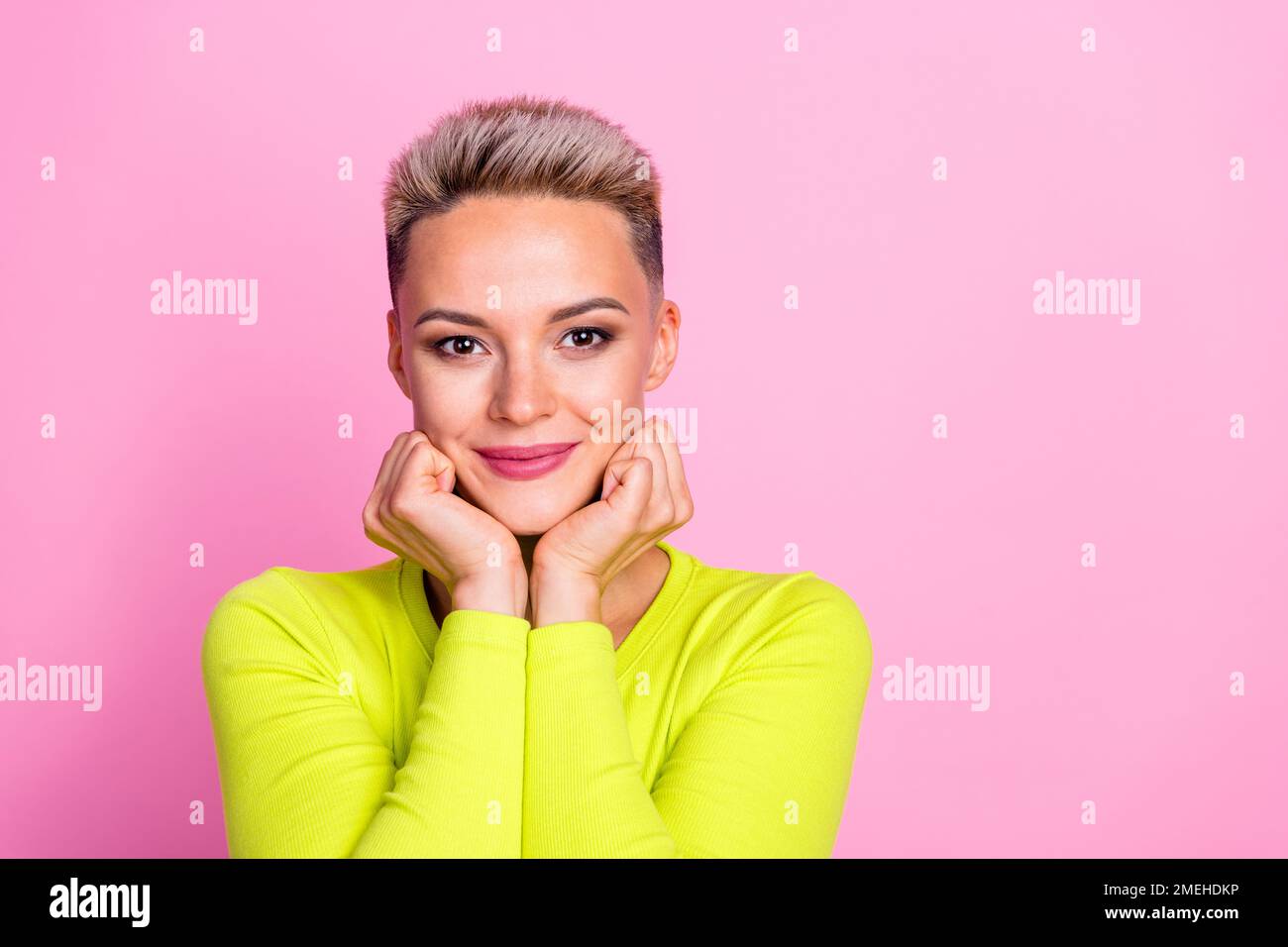 Portrait of cute stunning lady arms touch cheeks empty space isolated ...