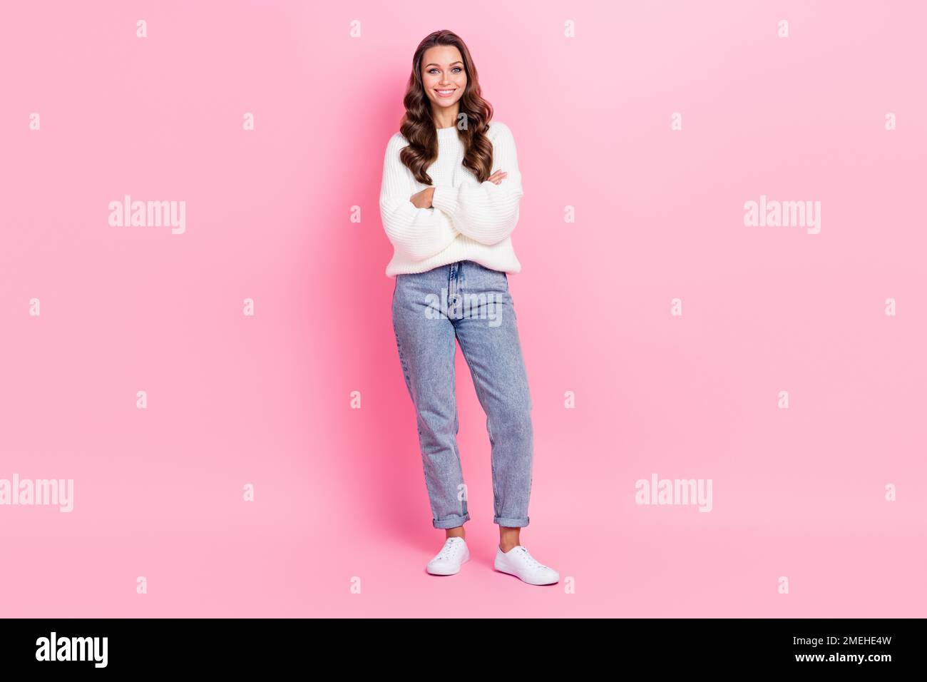 Full length photo of sweet confident woman dressed white pullover arms ...