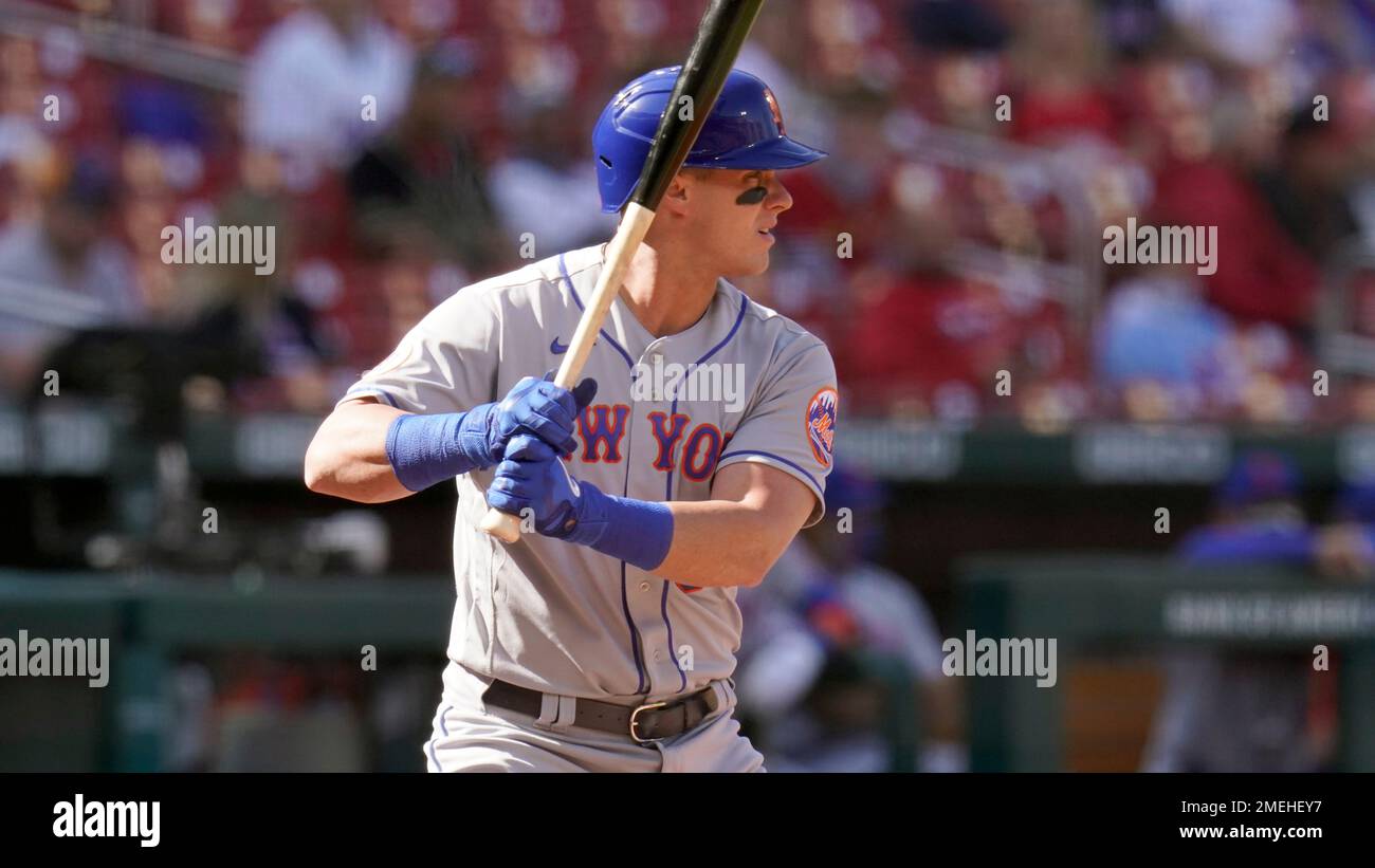 New York Mets' James McCann bats in the first game of a baseball ...