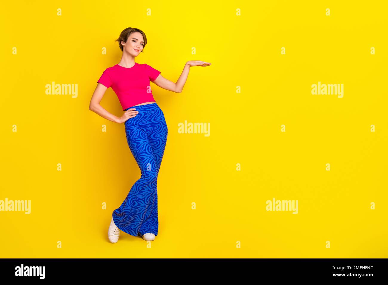 Full length photo of adorable lovely lady wear pink trendy clothes arm ...