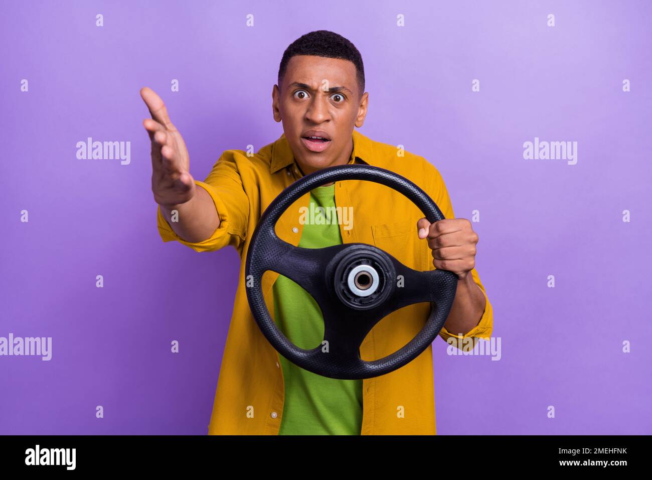 Photo portrait of nice young guy hold rudder angry mad indignation ...