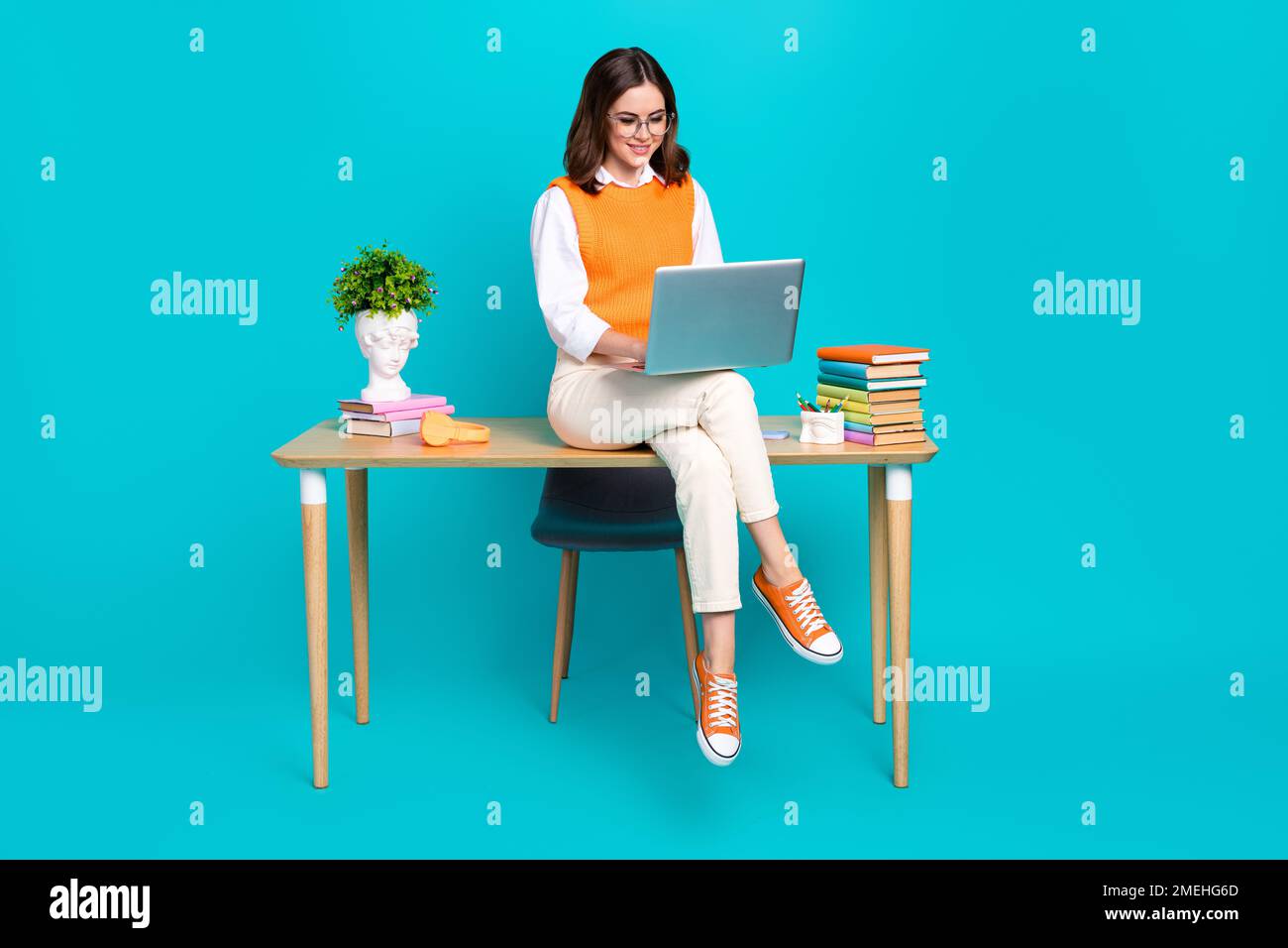 Full length photo cadre of young professional business lady sitting ...