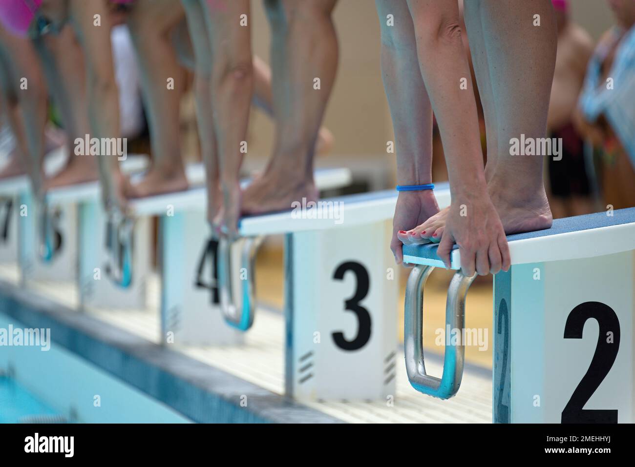 Swimmers on the starting blocks at the beginning of a race Stock Photo ...
