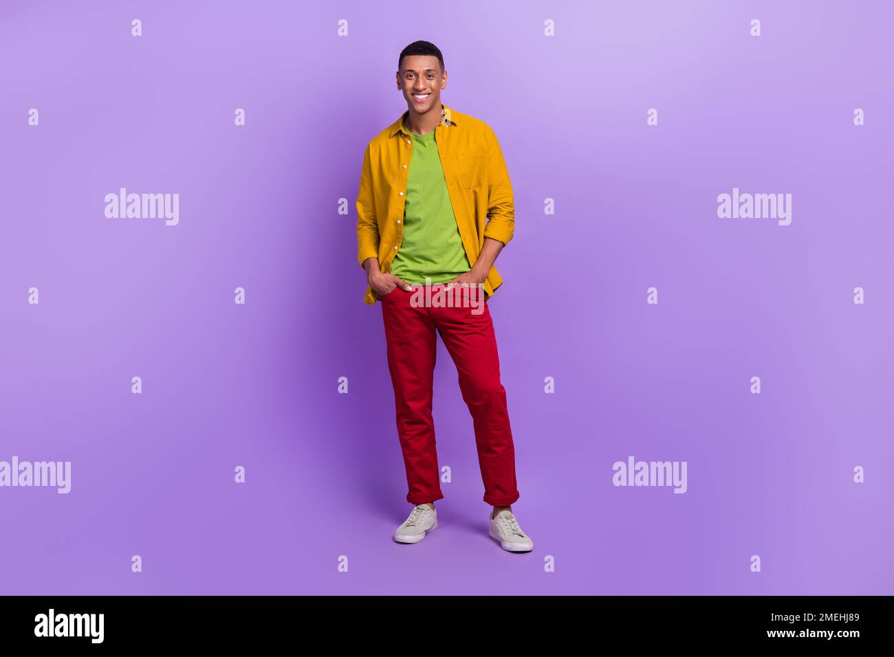 Full size portrait of satisfied glad young person toothy smile put ...