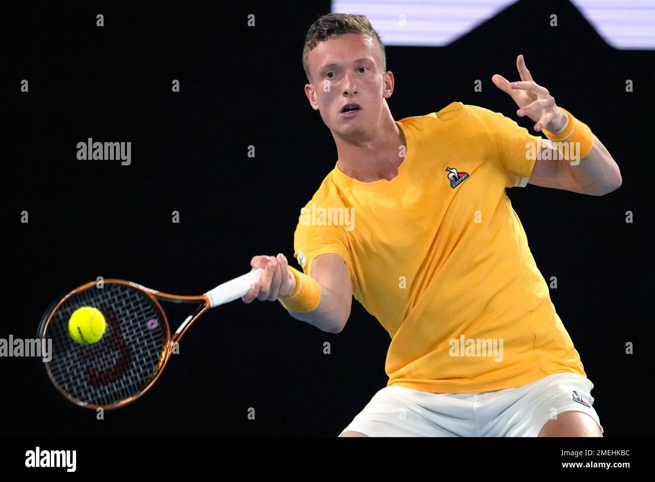 Jiri Lehecka of the Czech Republic plays a forehand return to Stefanos ...