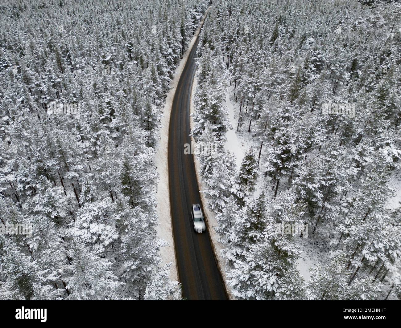 Aerial view of road in snow Rothiemurchus forest in Cairngorms national ...