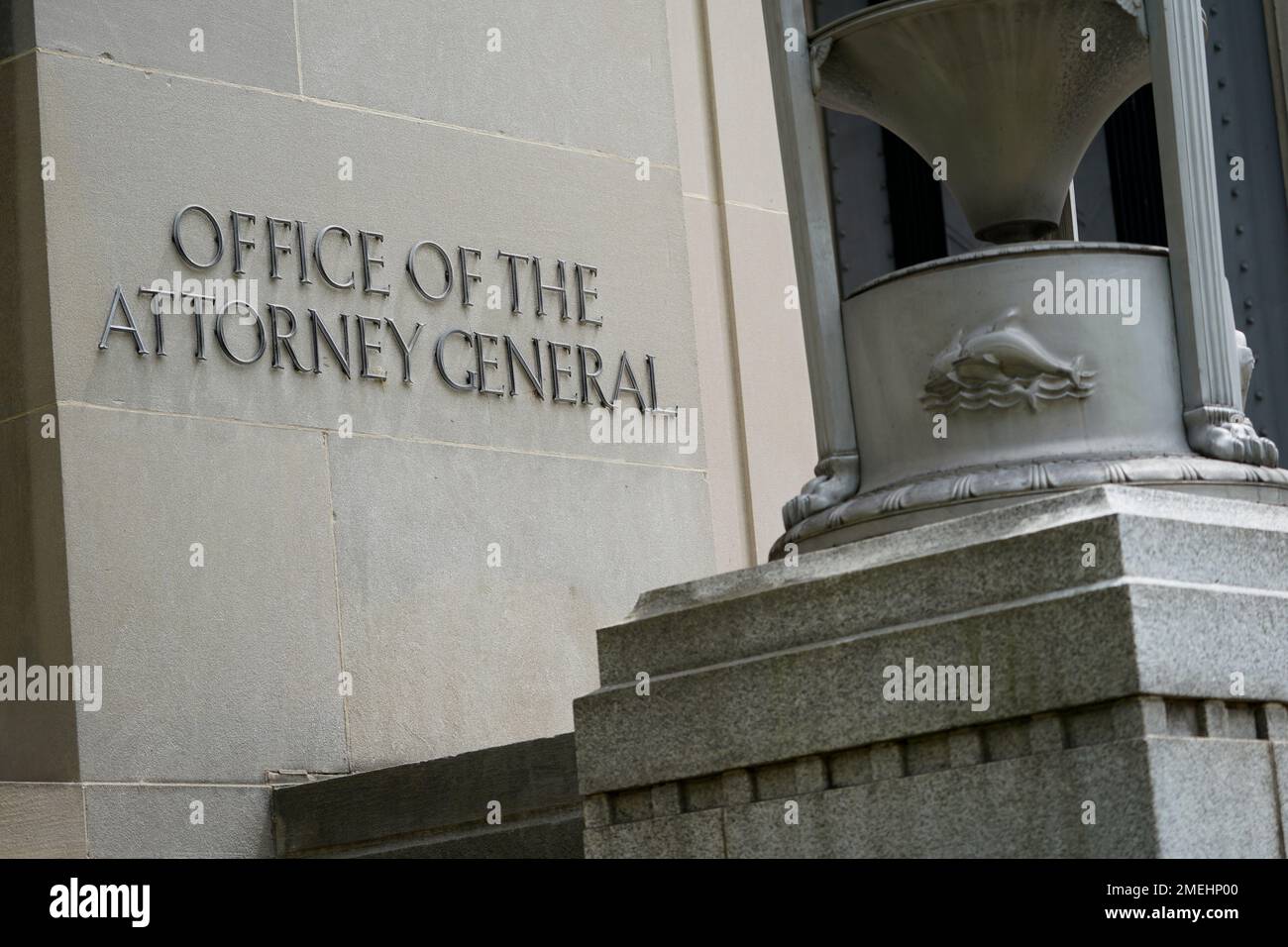 This May 4, 2021, photo shows a sign outside the Office of the Attorney ...