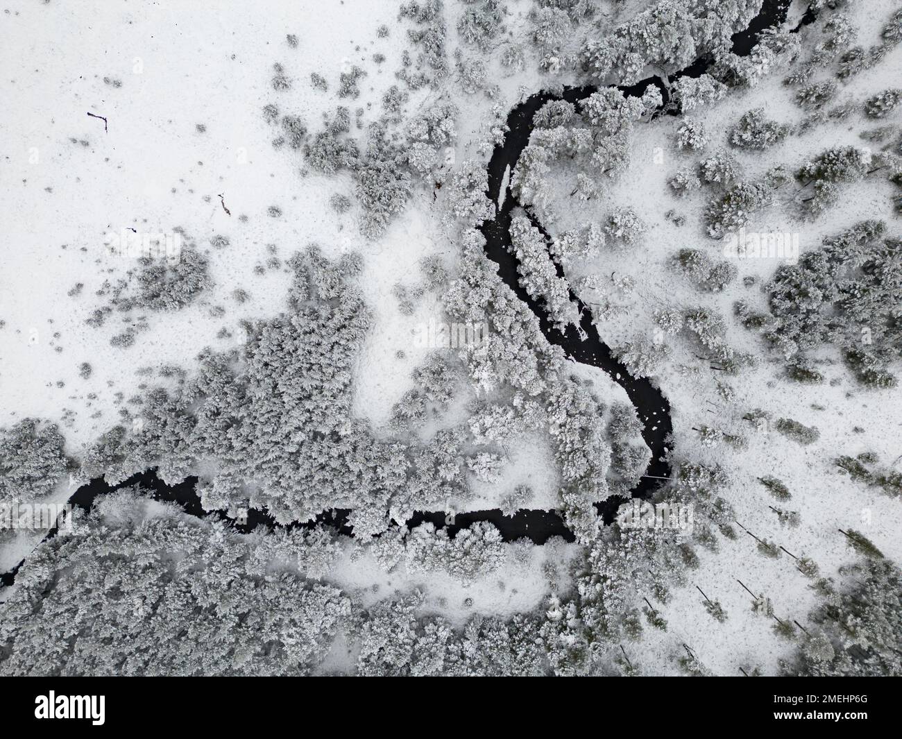 Aerial view of River Luineag in snow covered Rothiemurchus Forest ...