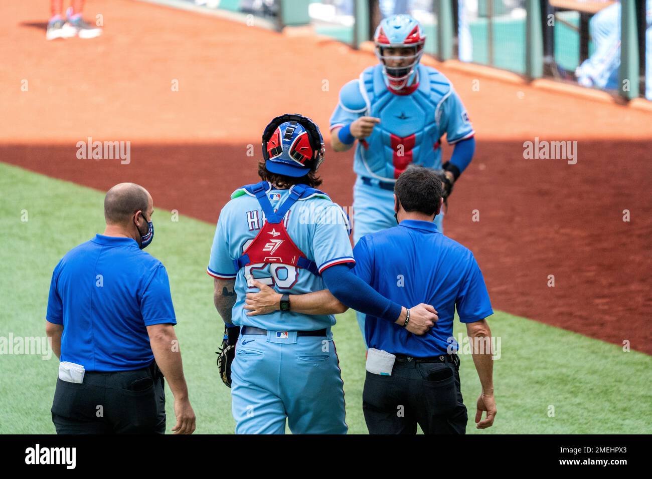 Texas Rangers catcher Jonah Heim (28) is replaced by catcher Jose ...