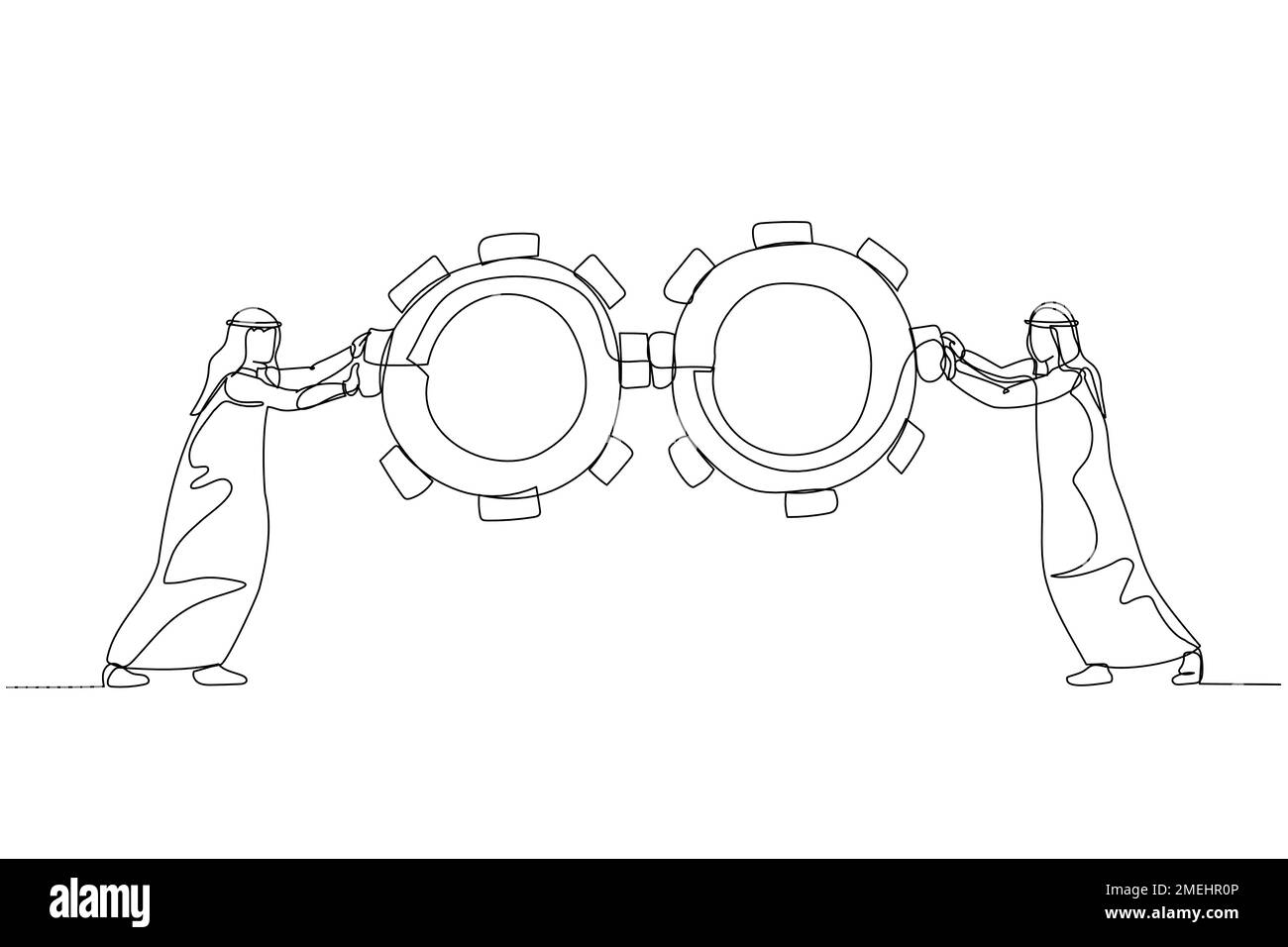 arab man pushing gears wheel concept of business team work. Single continuous line art style ...