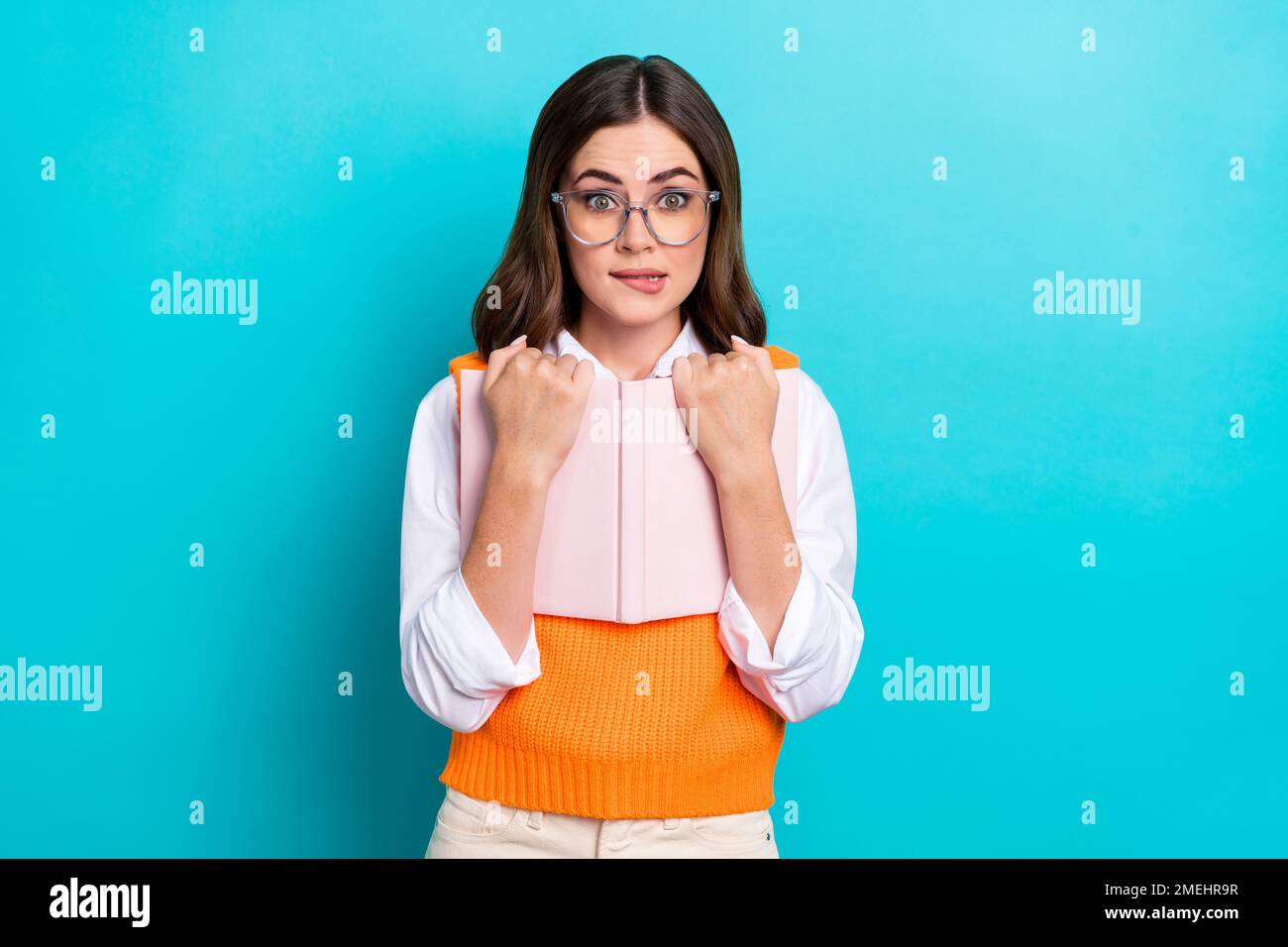 Photo of positive cheerful impressed woman straight hairdo wear orange ...