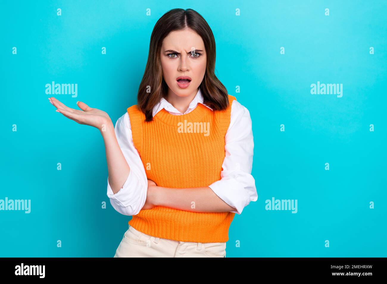 Portrait of unsatisfied confused unhappy girl with straight hairdo wear ...