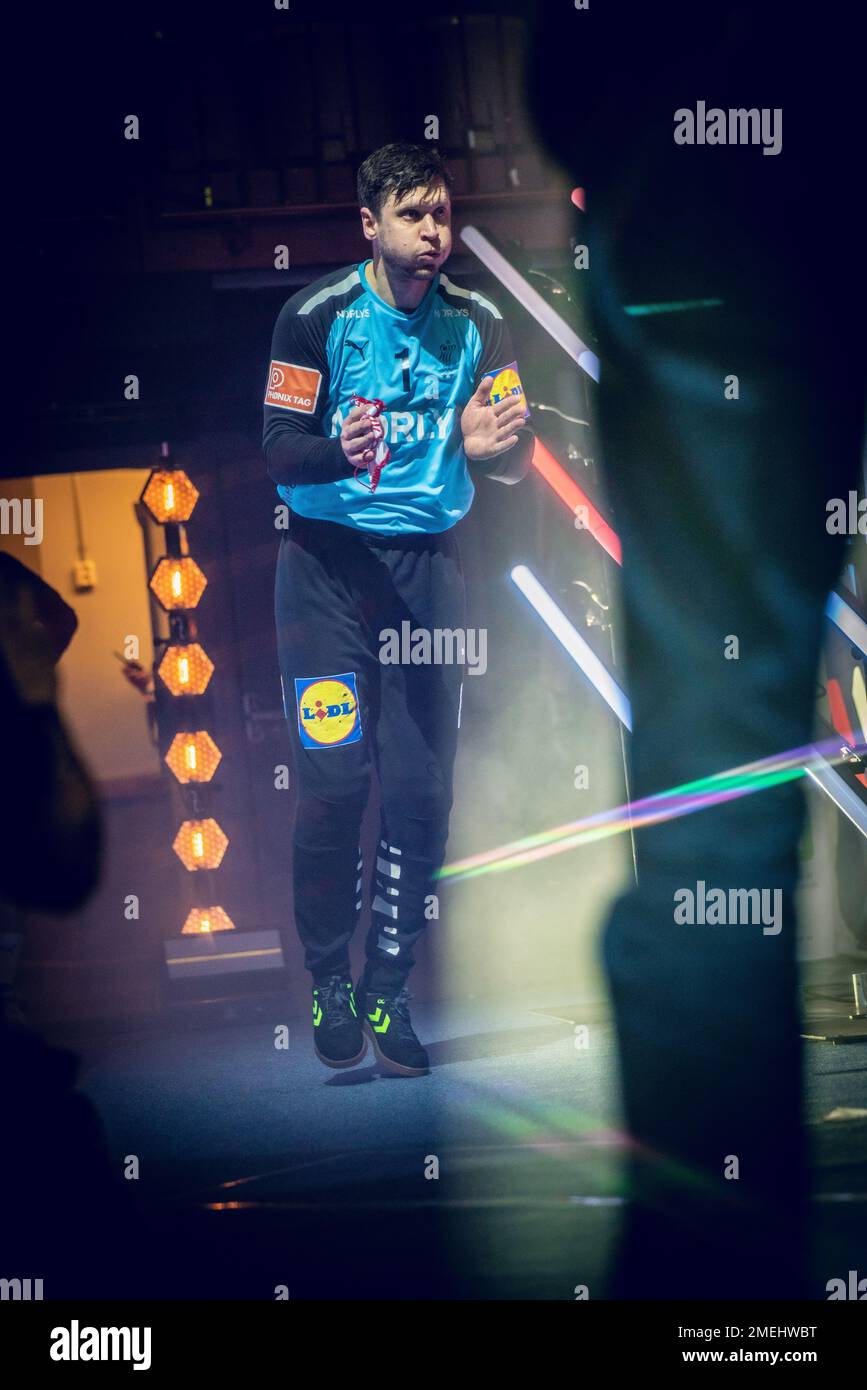 Malmo, Sweden. 23rd Jan, 2023. Niklas Landin (1) of Denmark enters the ...