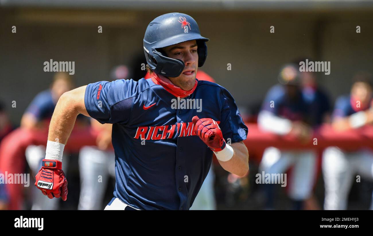 Richmond's Alden Mathes runs towards first base during an NCAA baseball ...