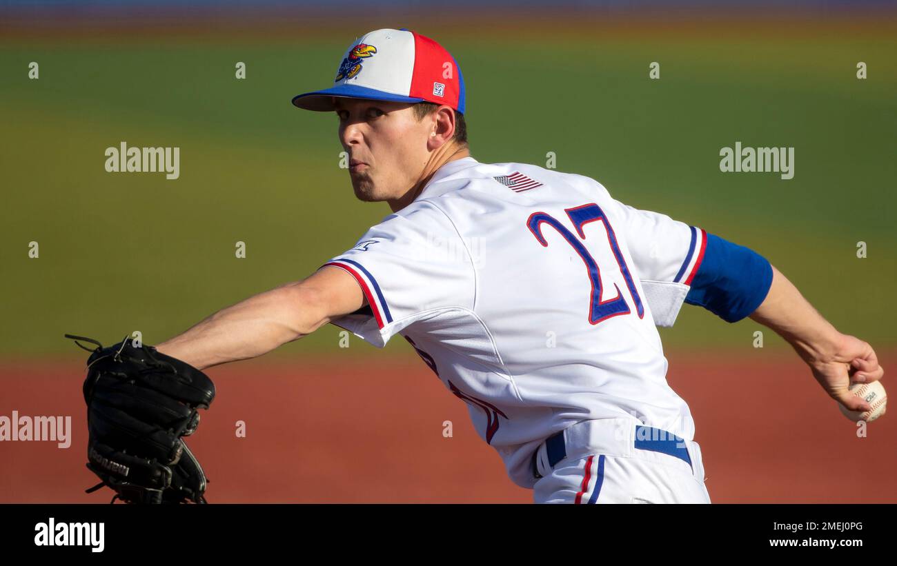 Kansas pitcher Cole Larsen during a NCAA baseball game on Friday, April ...