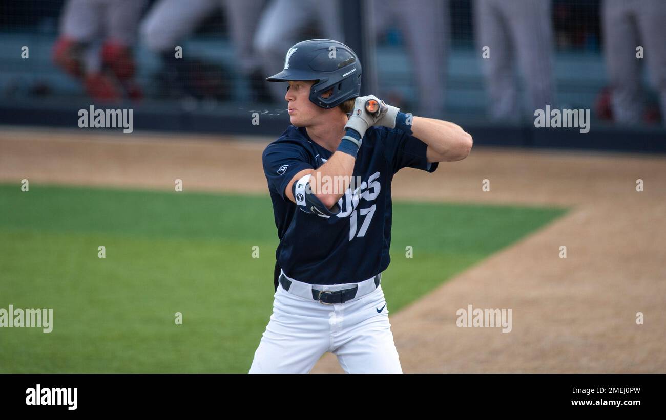 BYU catcher Joshua Cowden (17) bats during an NCAA baseball game on ...