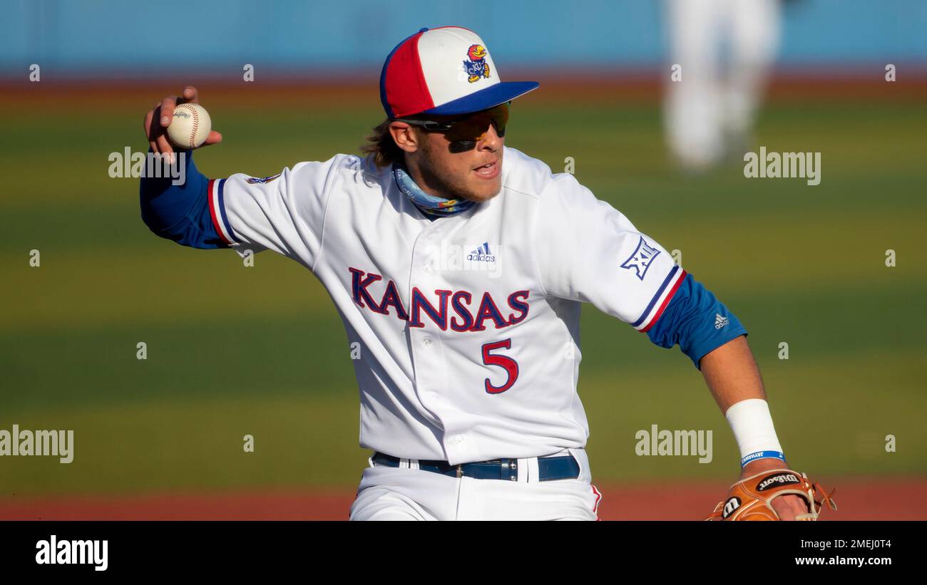 Kansas infielder Skyler Messinger during a NCAA baseball game on Friday ...
