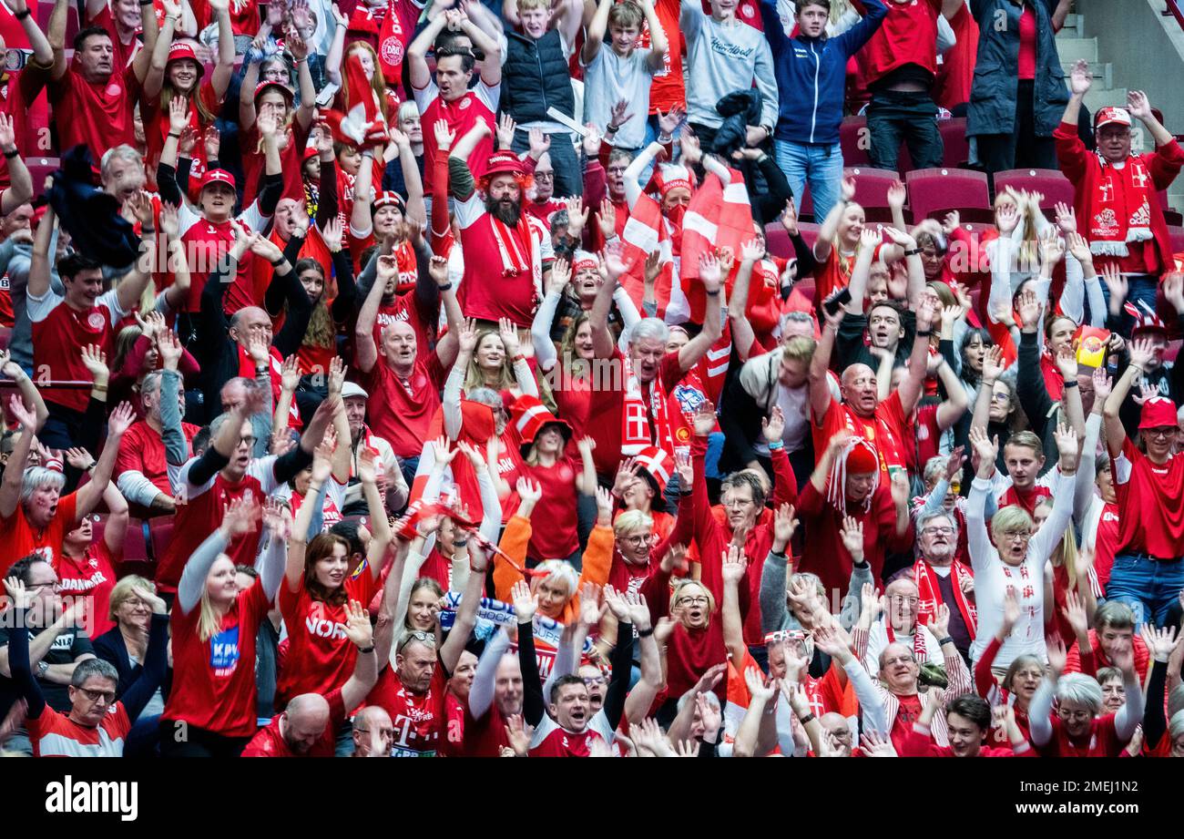 Malmo, Sweden. 23rd Jan, 2023. Danish handball fans in red and white ...