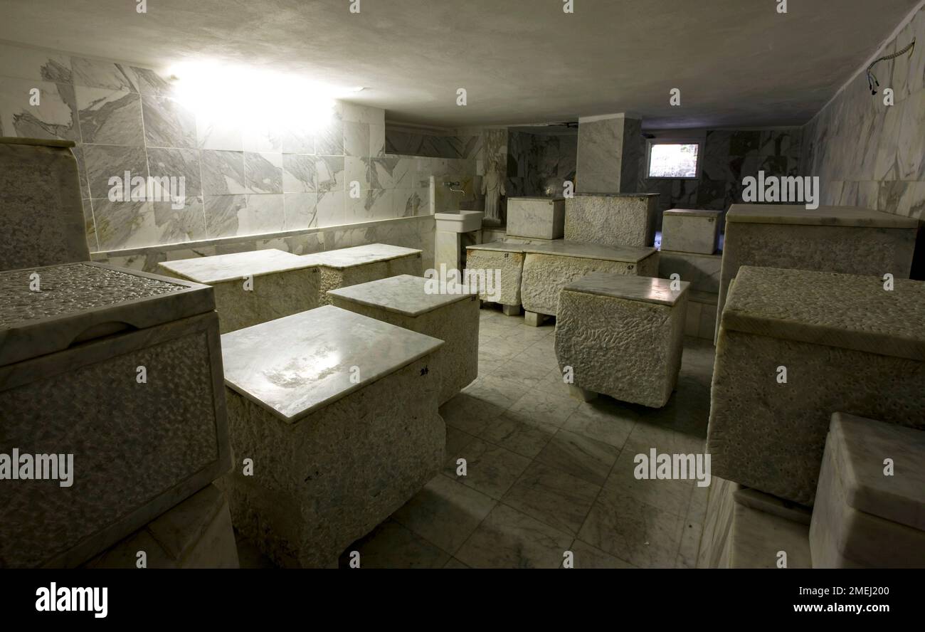 Cellar with hundred-year-old marble vats where the pork fat is stored ...