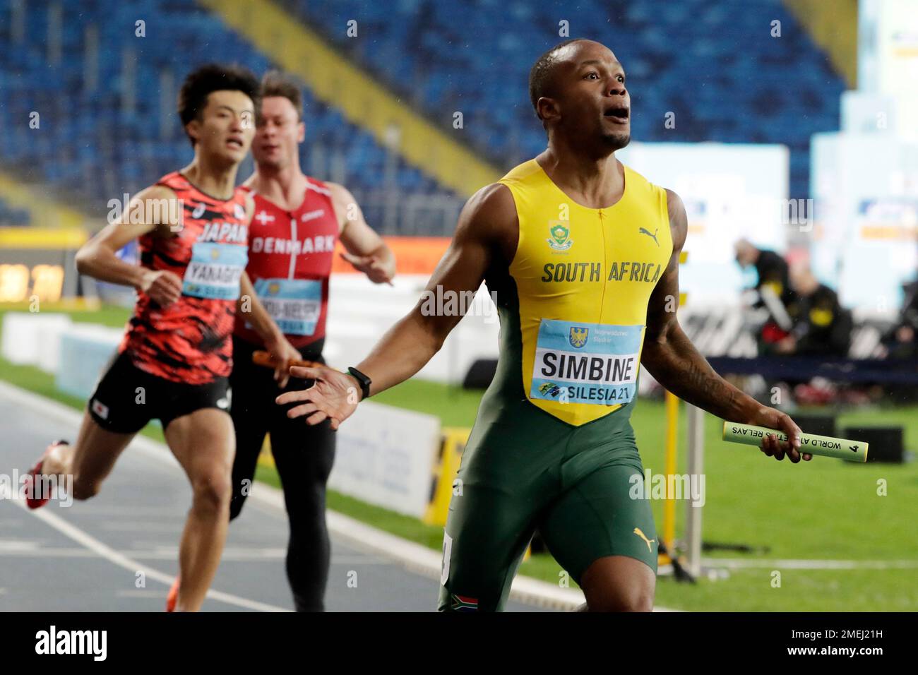 South Africa's Akani Simbine reacts after winning the Men's 4x100 ...