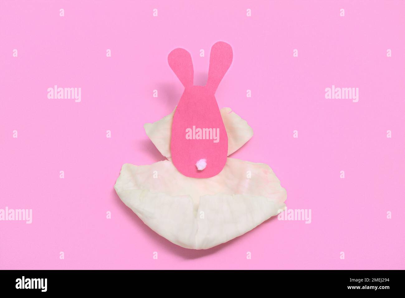 Cardboard Easter hare lies in a cabbage leaf. Pink background Stock ...