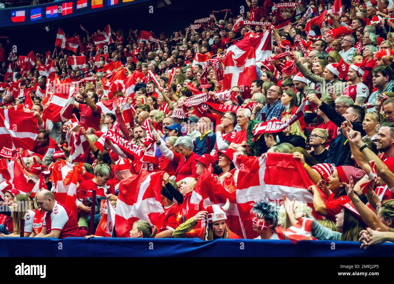 Malmo, Sweden. 23rd, January 2023. Danish handball fans in red and ...