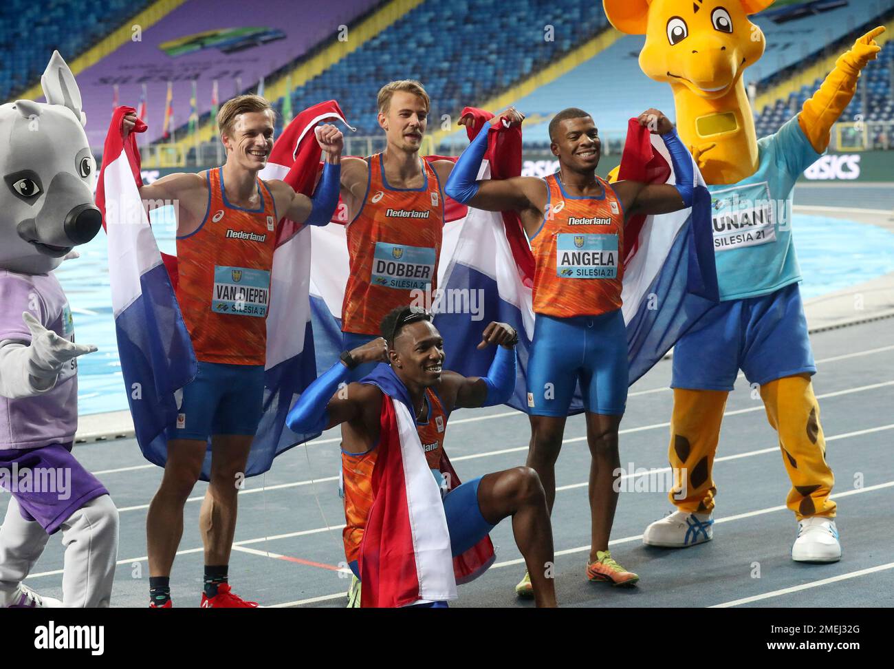 Members of the Dutch relay team celebrate after competing in the men's ...