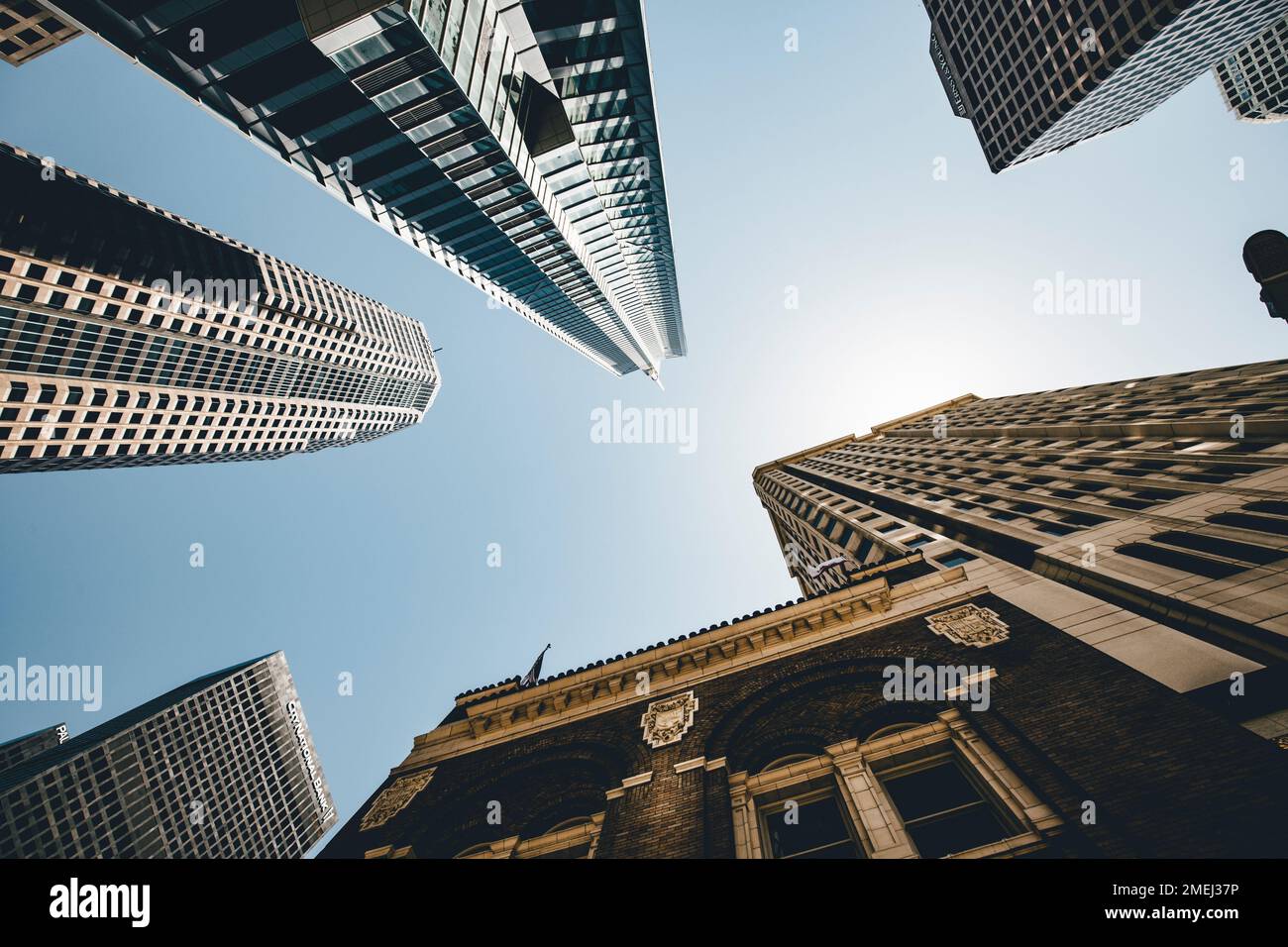 A low angle shot of skyscrapers and modern buildings in a city under ...