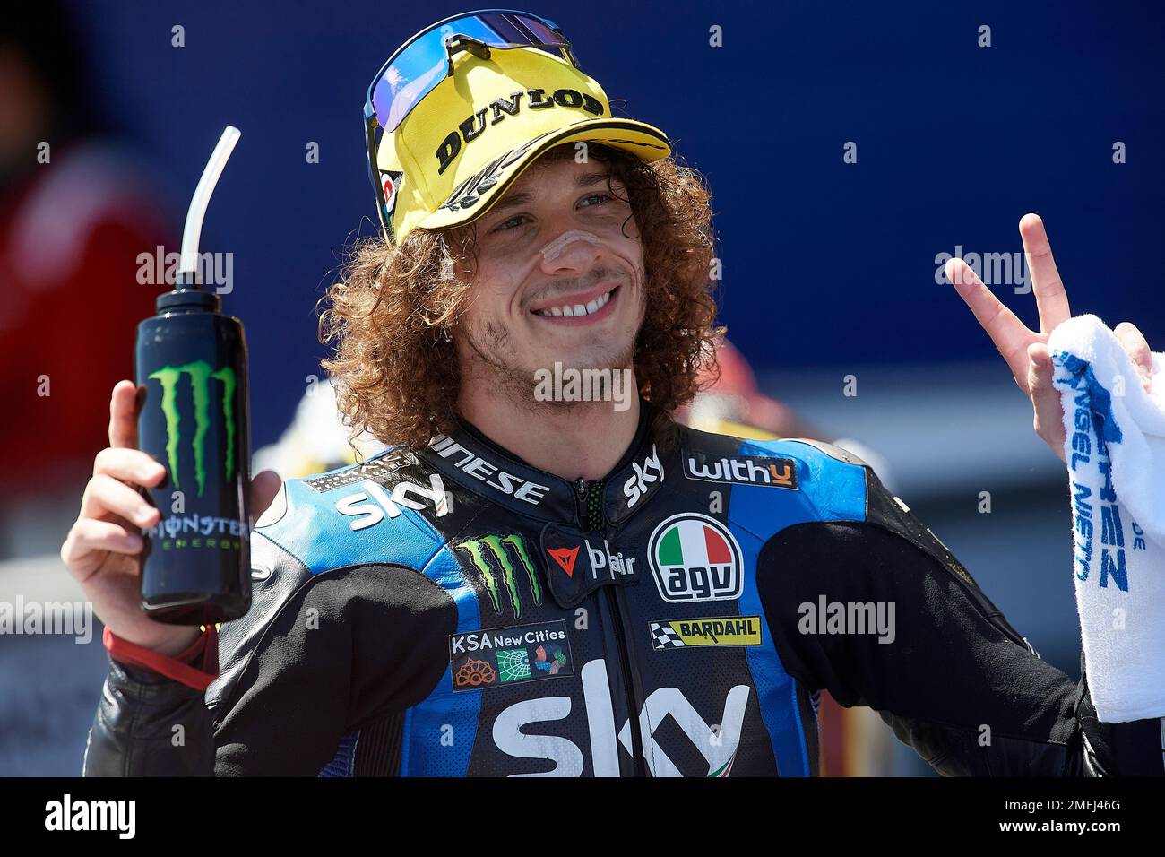 Italian driver Marco Bezzecchi celebrates the Moto2 race runner-up ...