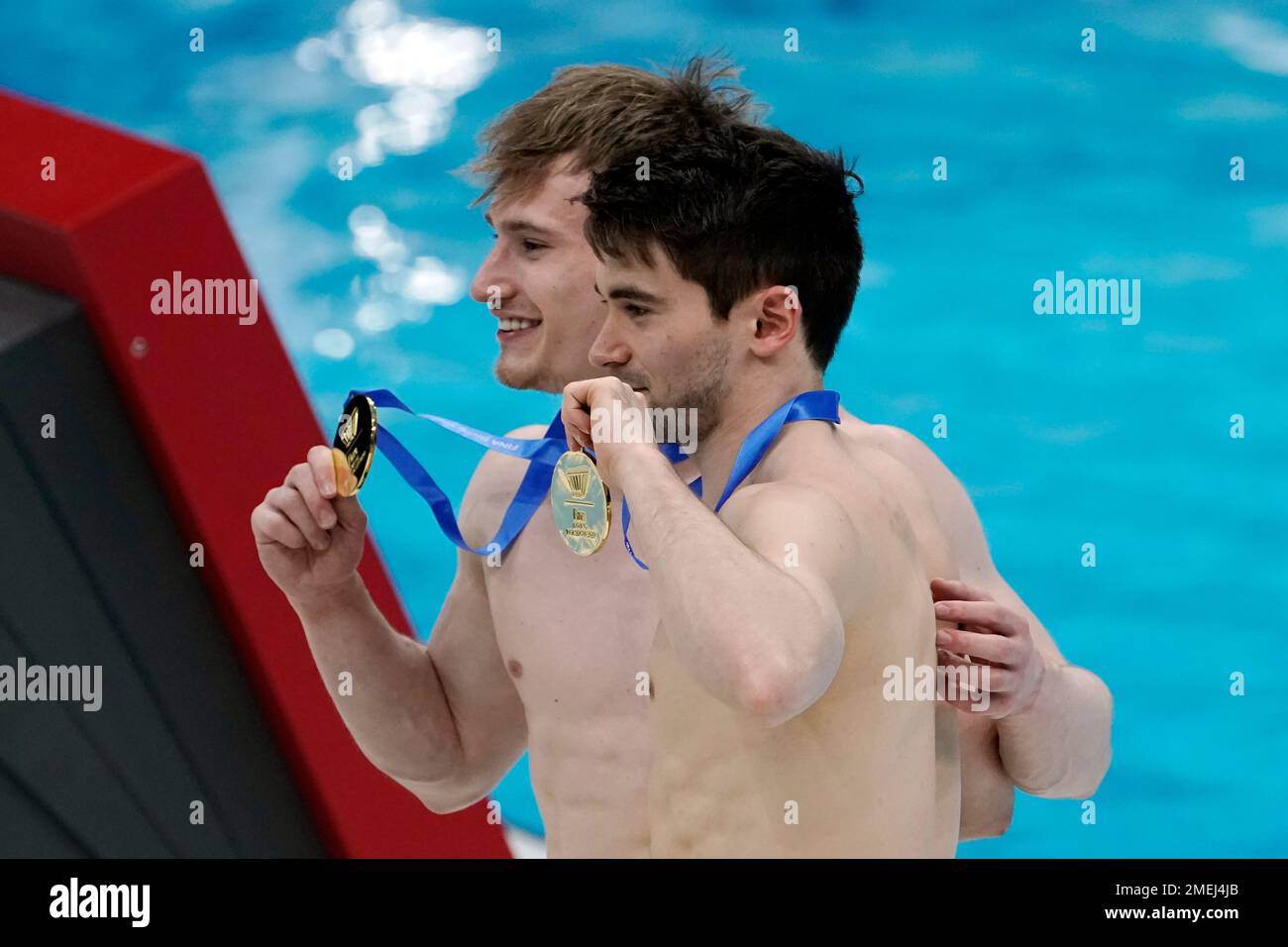 Daniel Goodfellow, right, and Jack Laugher, left, of Britain pose with ...