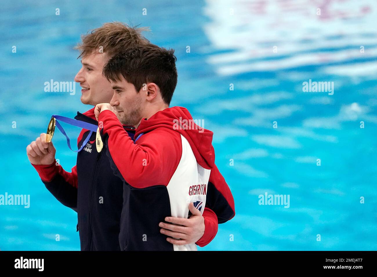 Daniel Goodfellow, right, and Jack Laugher, left, of Britain pose with ...