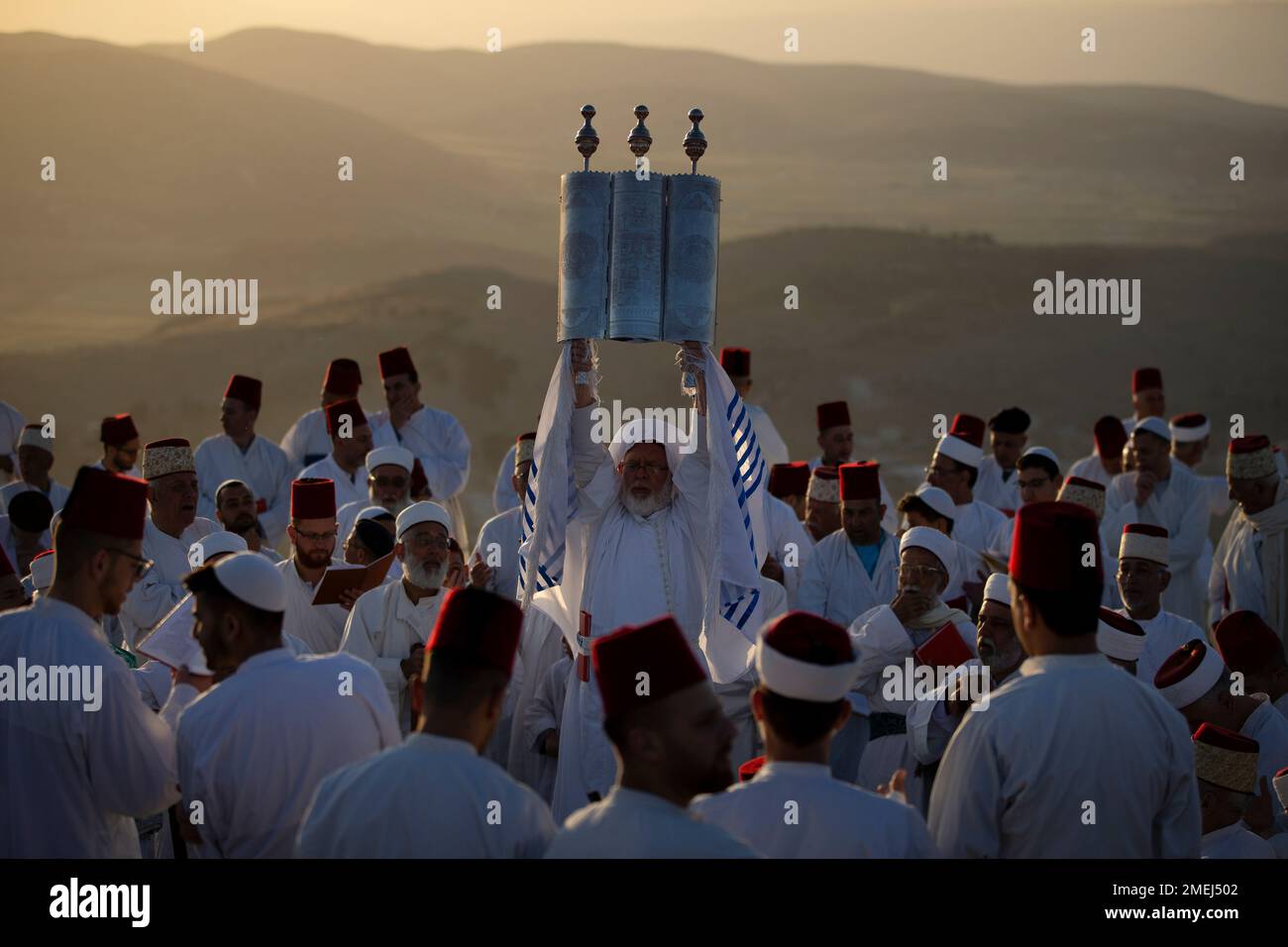 A member of the ancient Samaritan community, wrapped in a prayer shawl ...
