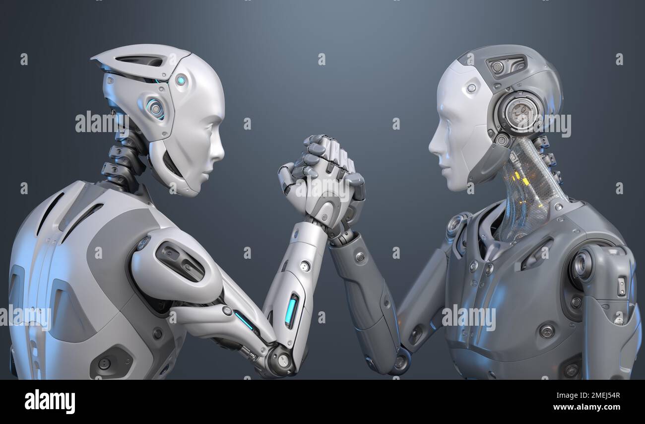 Human like robots holding hands.3D illustration Stock Photo - Alamy