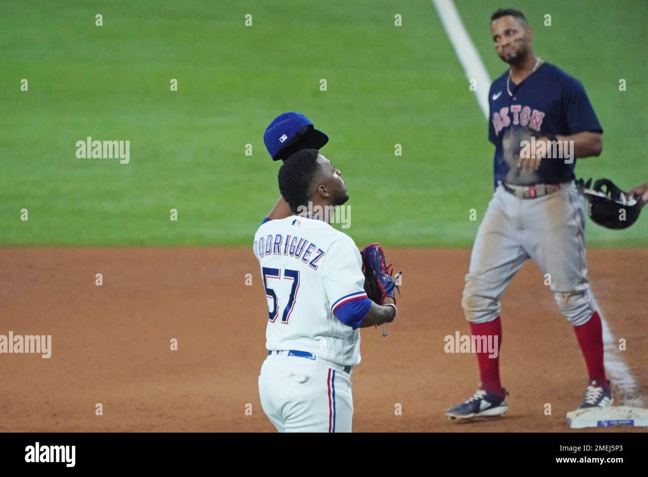 Texas Rangers relief pitcher Joely Rodriguez walks off the field after ...