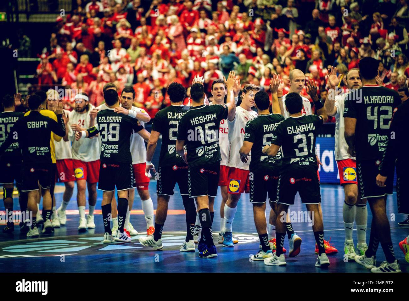 Malmo, Sweden. 23rd Jan, 2023. The players from the two teams greet ...