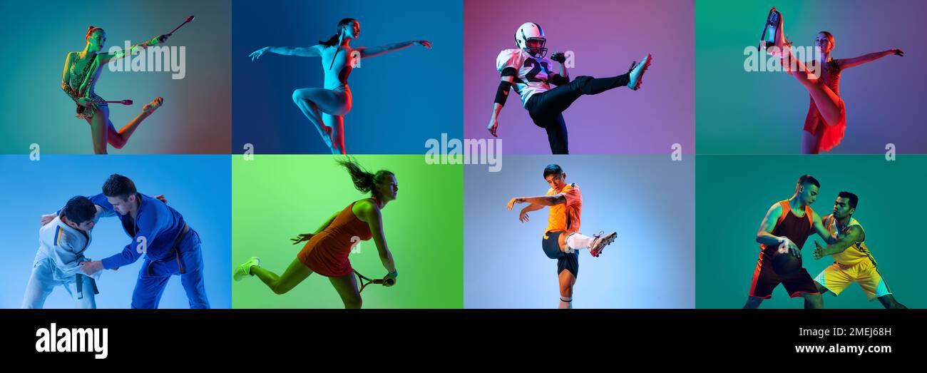 Collage. Portraits of professional sportsmen training, posing isolated ...