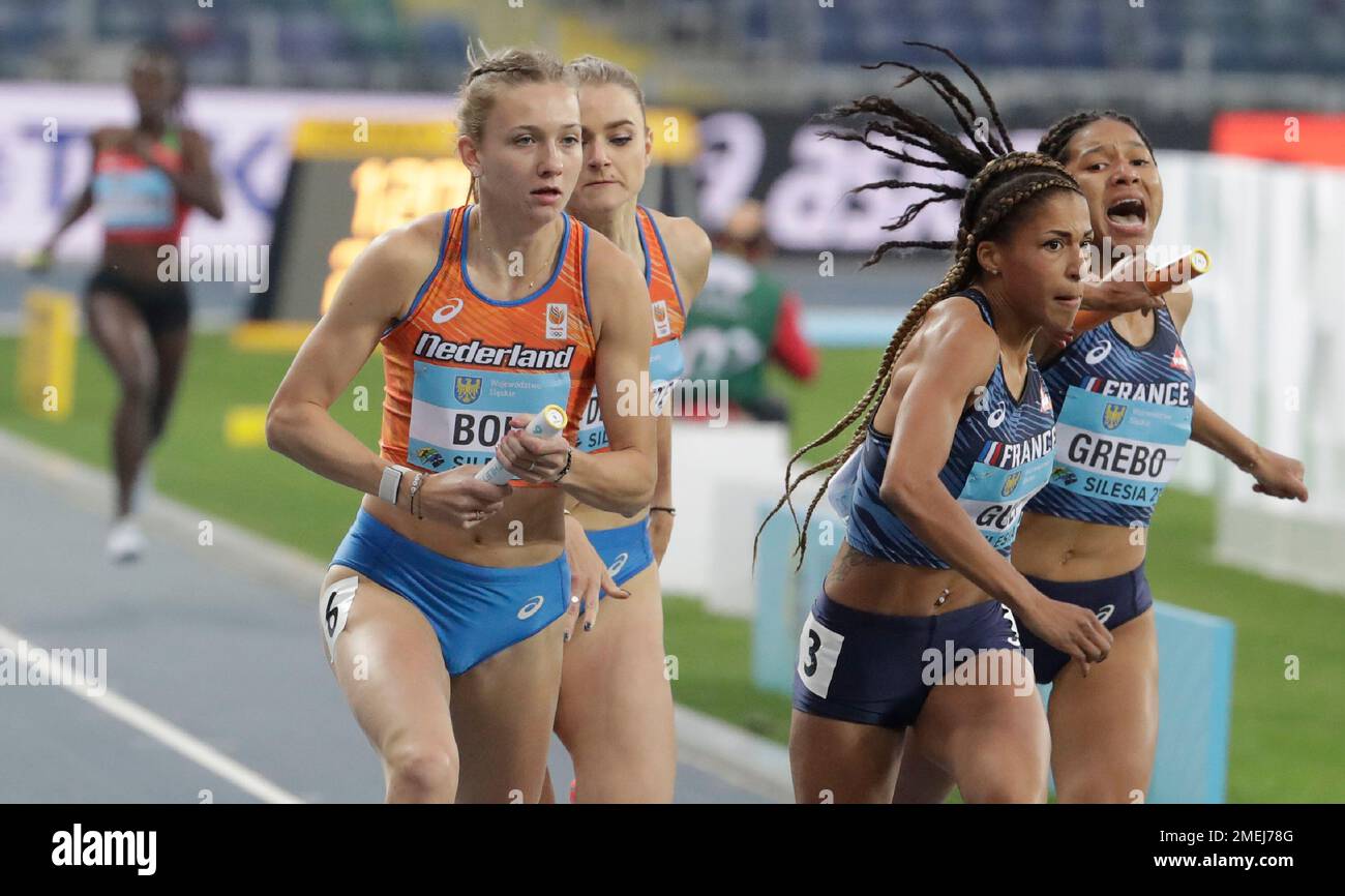 Netherland's and France's team in action during the women's 4x400 meter ...