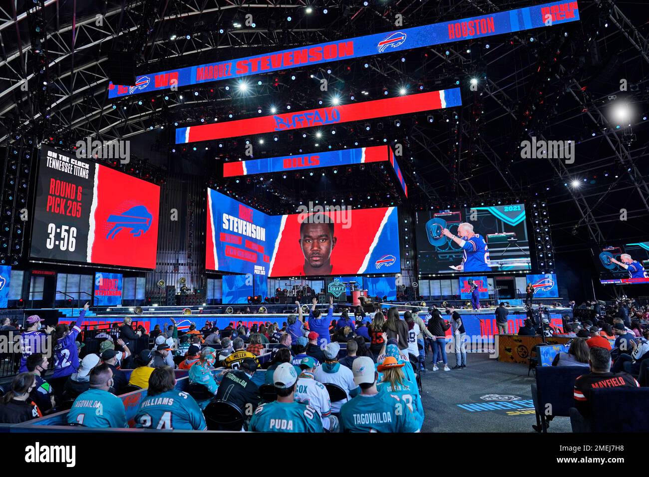 A screen displays the Buffalo Bills pick of Marquez Stevenson, wide ...