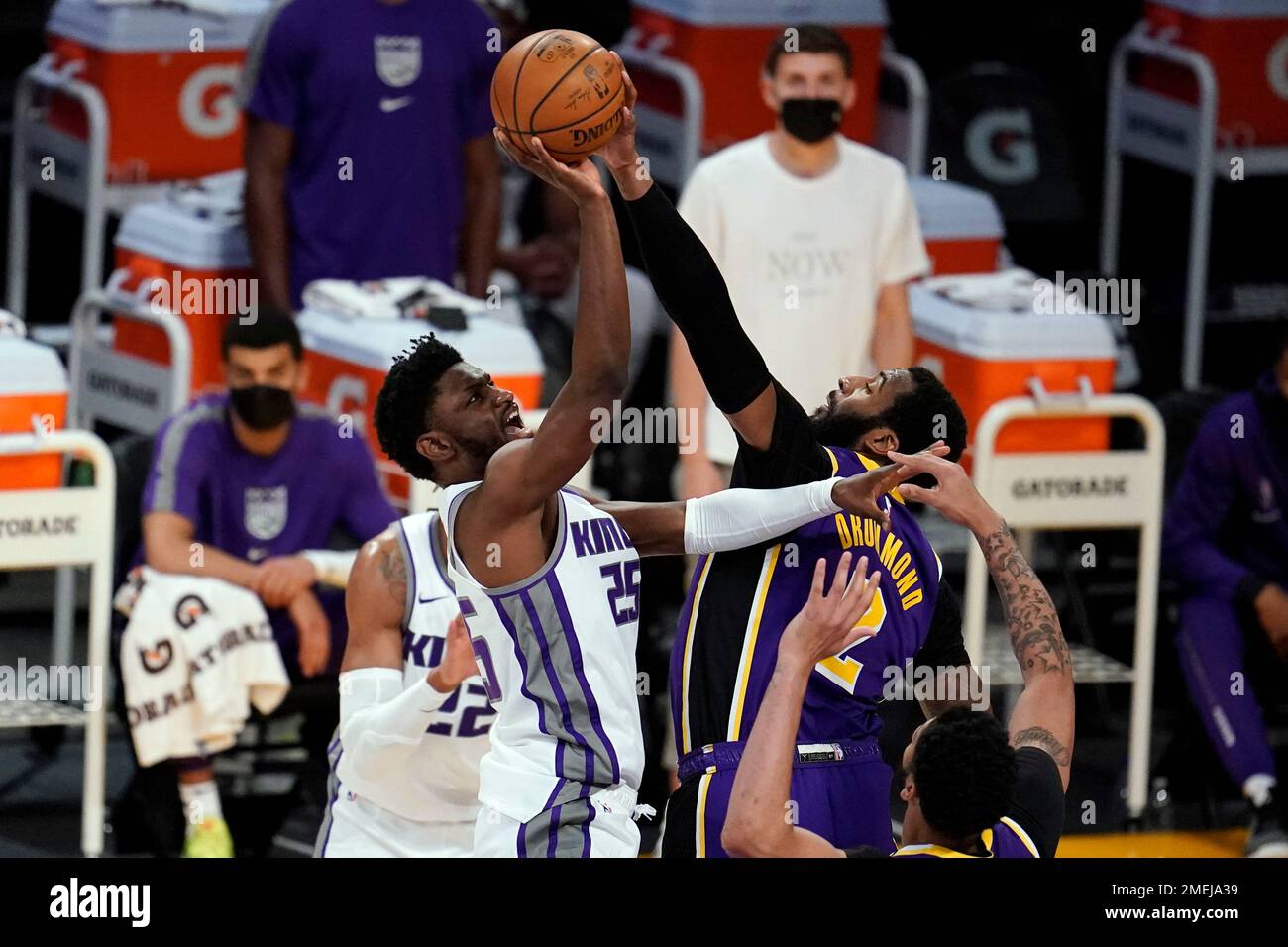Los Angeles Lakers center Andre Drummond, right, blocks a shot from ...