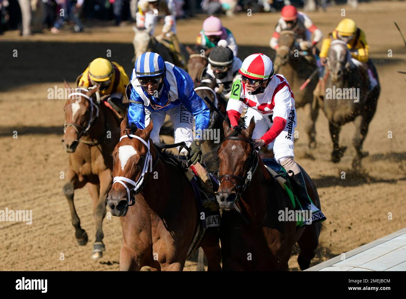 John Velazquez, left, rides Malathaat to victory during the 147th ...