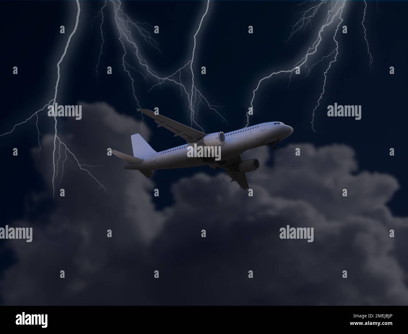 Jet passenger airplane flying at night in bad weather with lightning ...