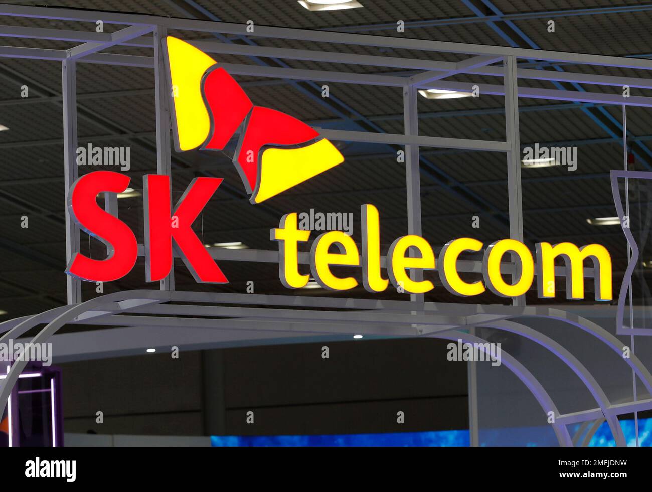A logo of SK Telecom is seen during the World IT Show in Seoul, South ...