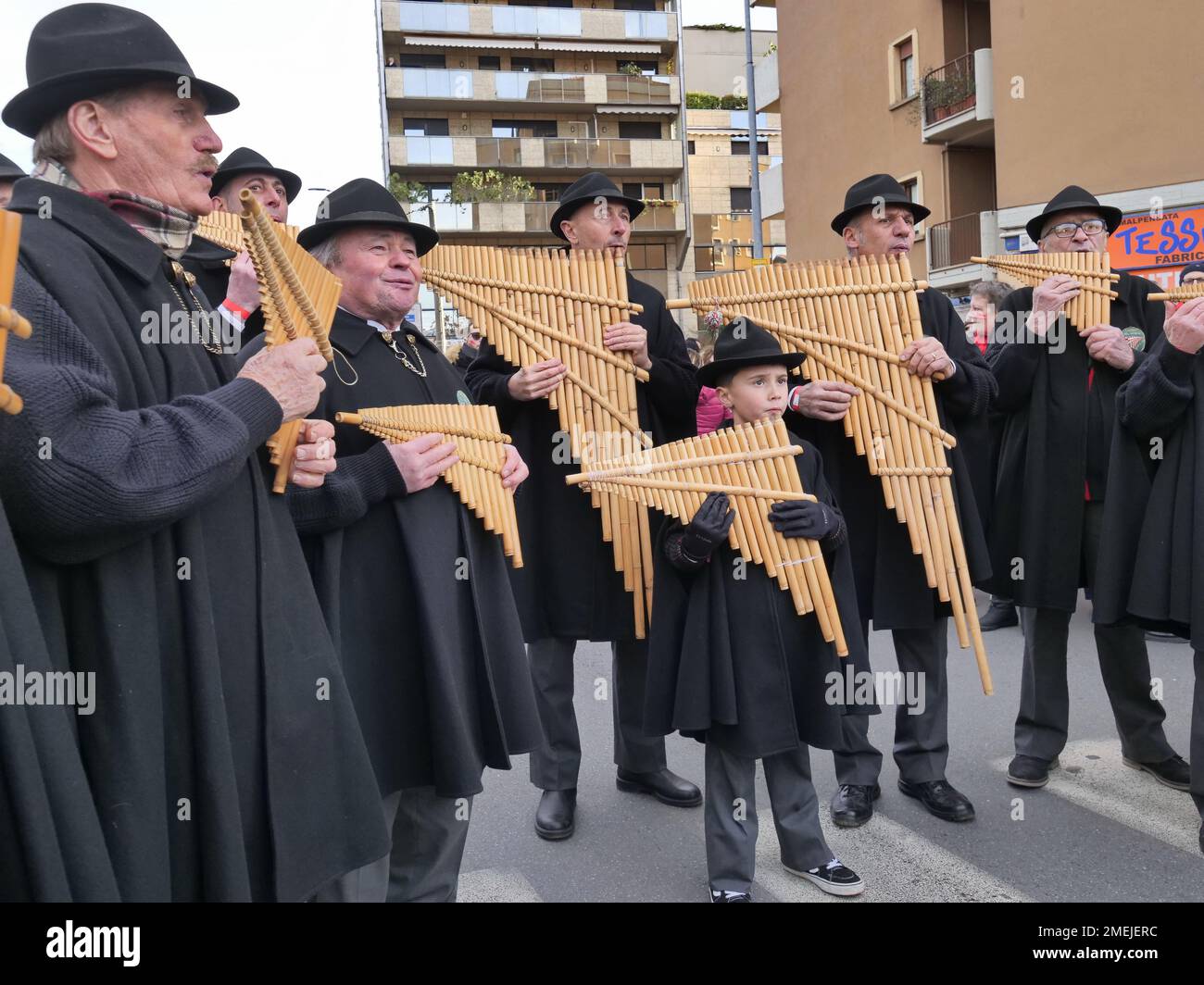 Pan flute ensemble performs in the streets of the city to celebrate ...