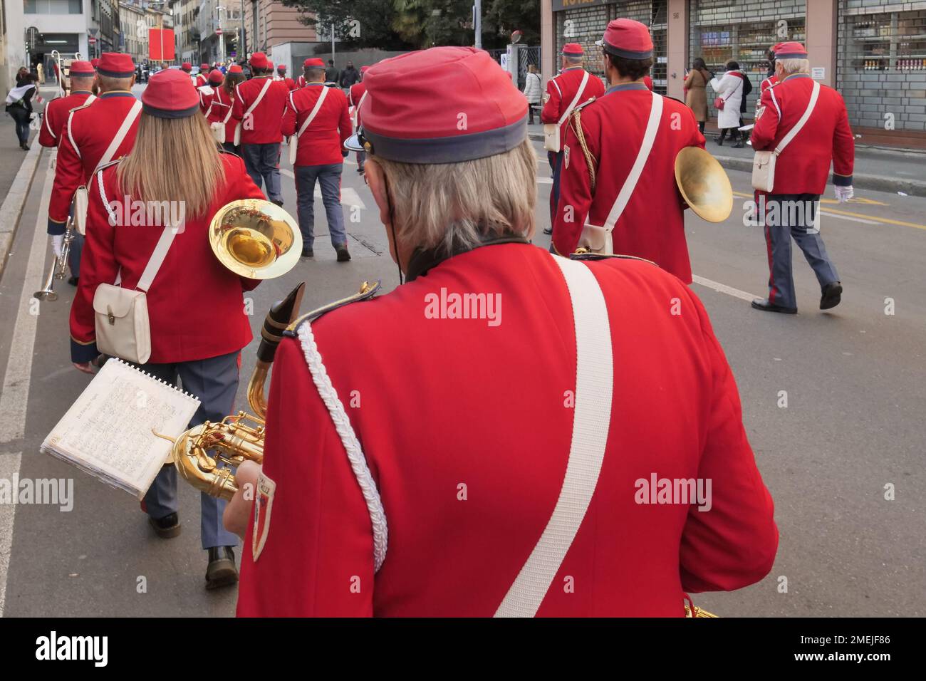 Fanfare "Città dei Mille" plays and parade in Bergamo city for ...