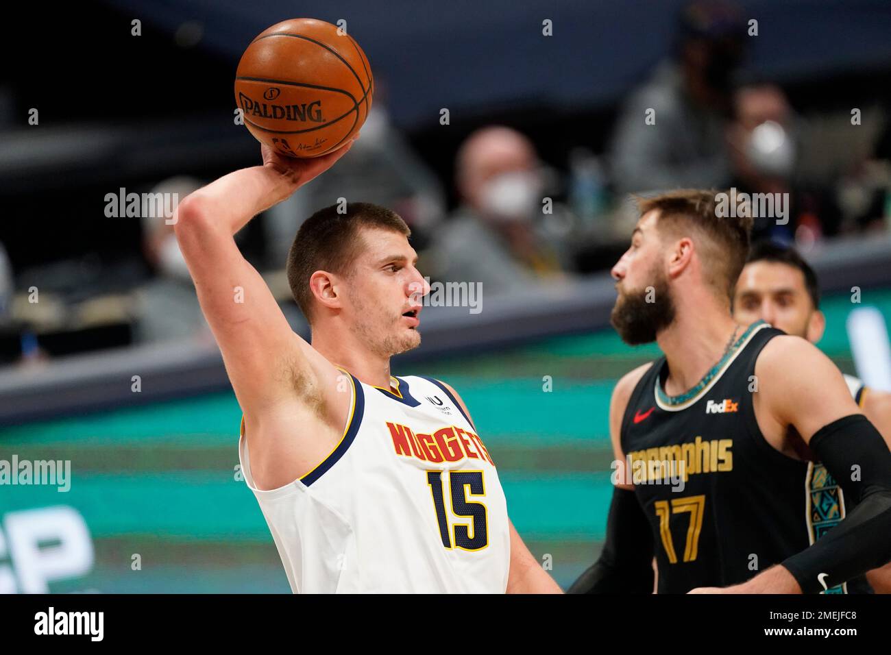 Denver Nuggets center Nikola Jokic (15) in the first half of an NBA ...