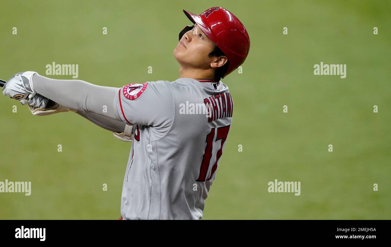 Los Angeles Angels' Shohei Ohtani fouls off a pitch during a baseball ...