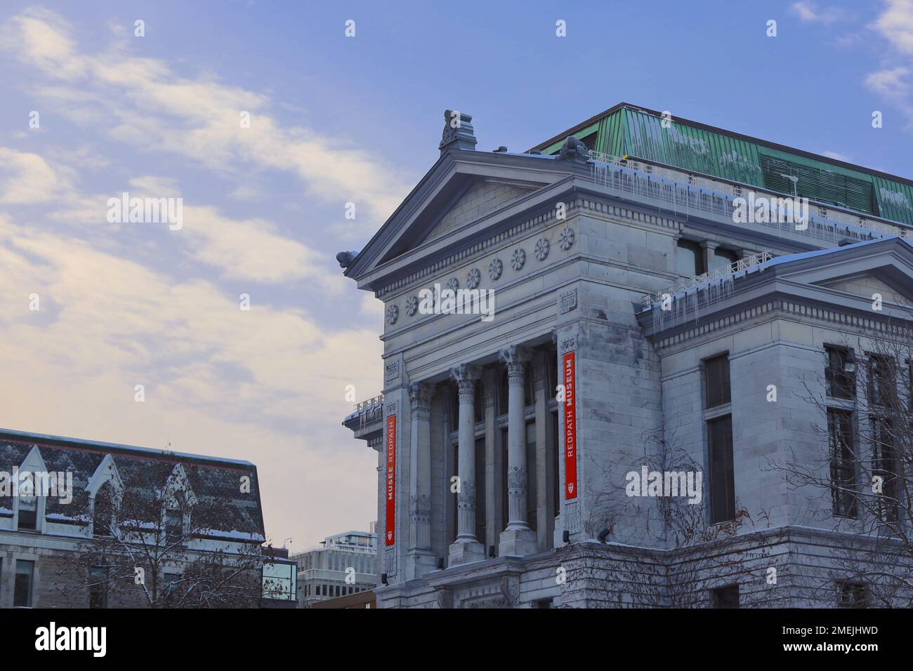 An exterior view of Redpath Museum at McGill University under a winter ...